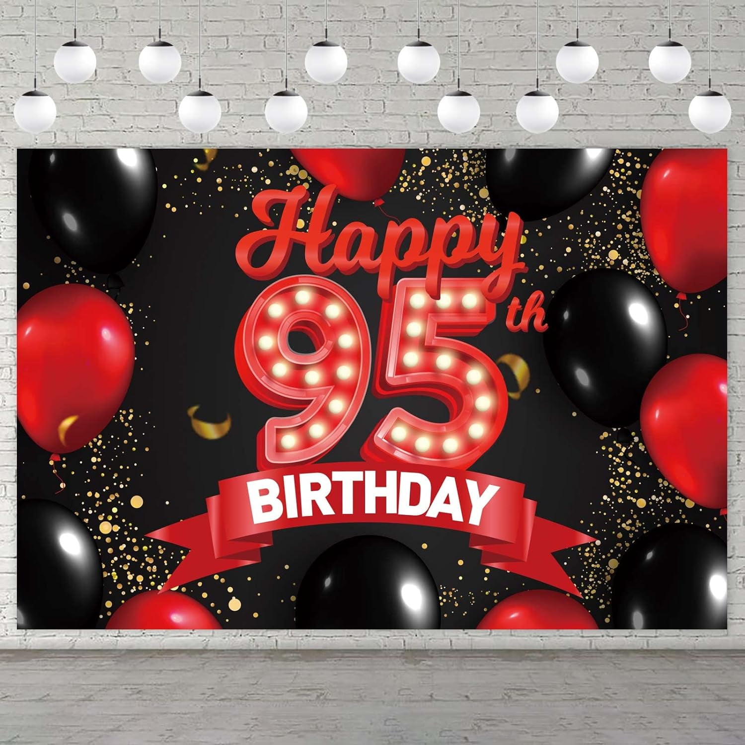 Happy 95th Birthday Red and Black Banner Backdrop Decorations Balloons ...