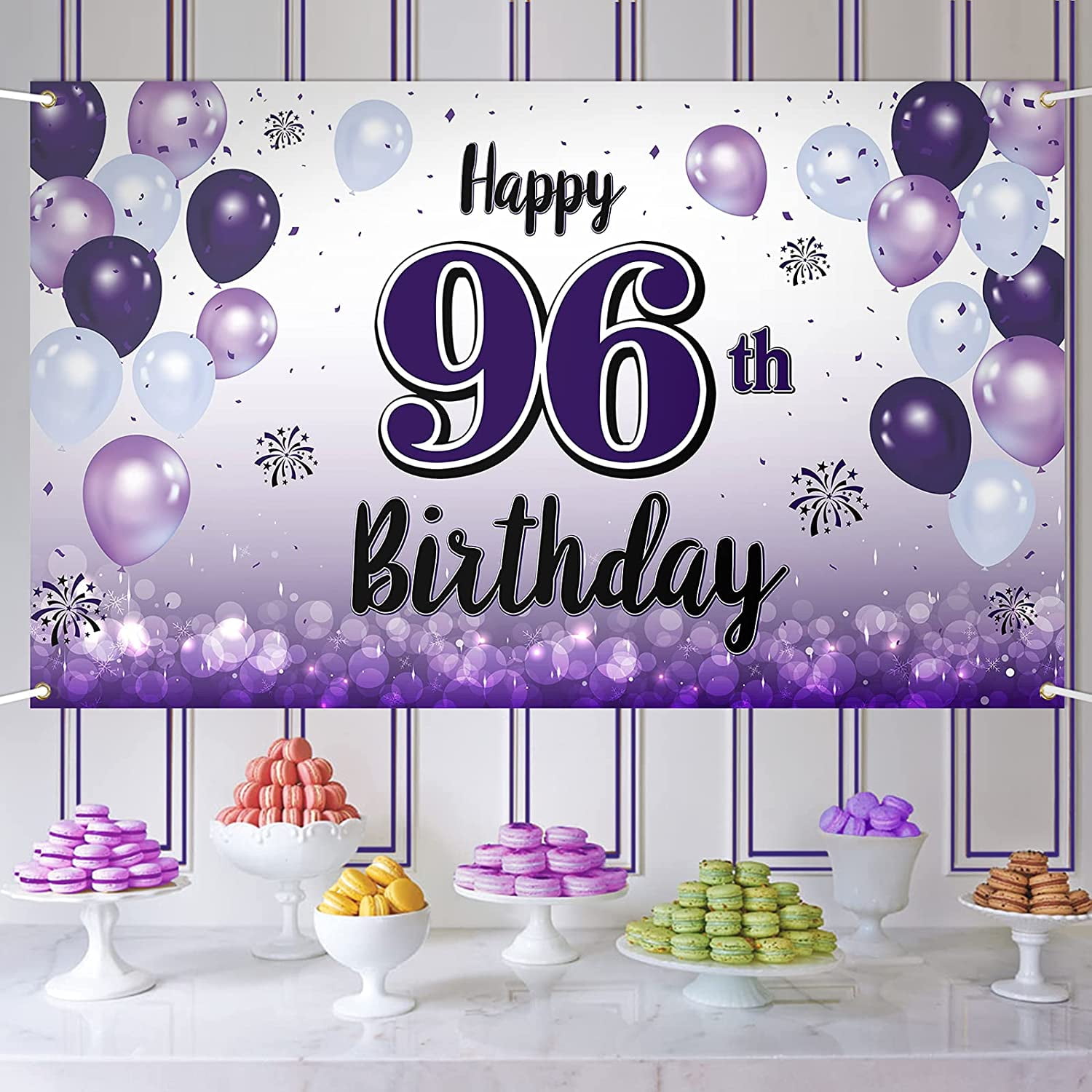Happy 96th Birthday Purple Large Banner - Cheers to 96 Years Old Birthday Home Wall Photoprop ...