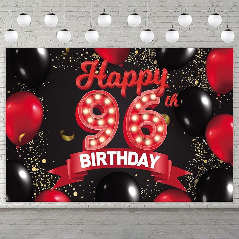 Happy 96th Birthday Red and Black Banner Backdrop Decorations Balloons Theme Decor for Girls ...