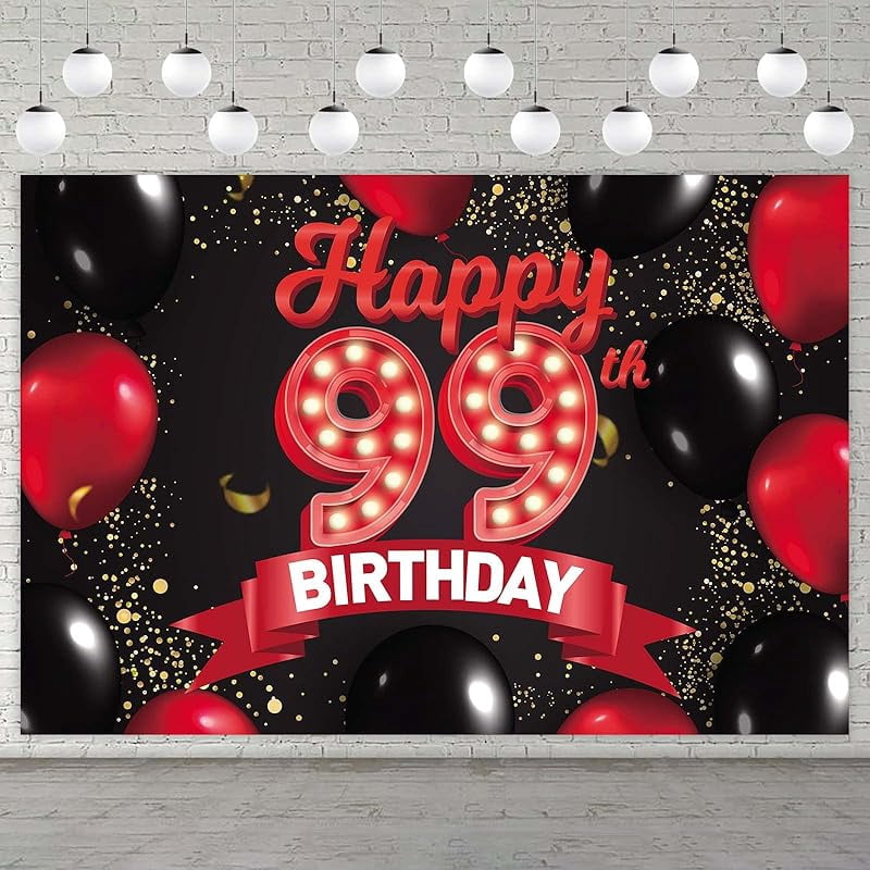 Happy 99th Birthday Red and Black Banner Backdrop Decorations Balloons ...