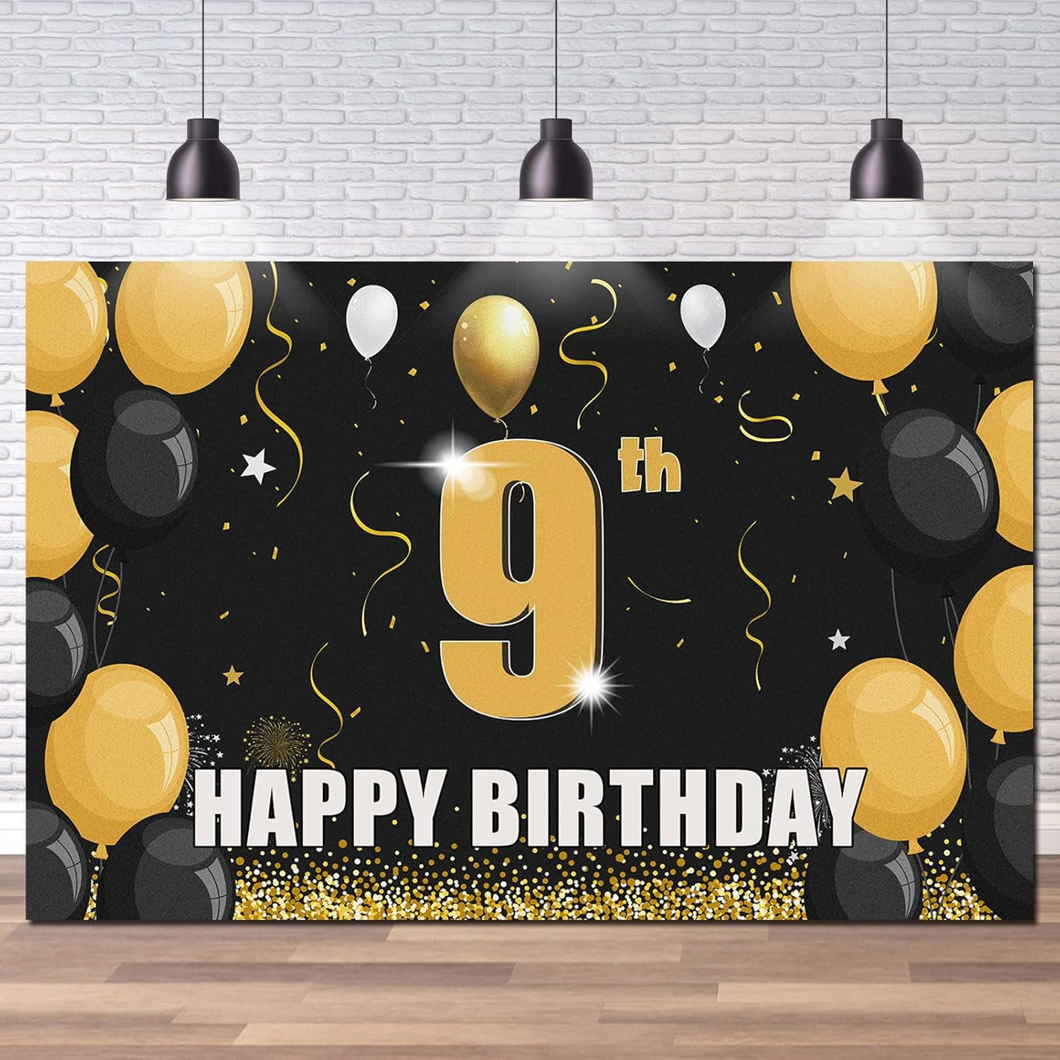 Happy 9th Birthday Backdrop Banner Black and Gold 9th Birthday Poster ...