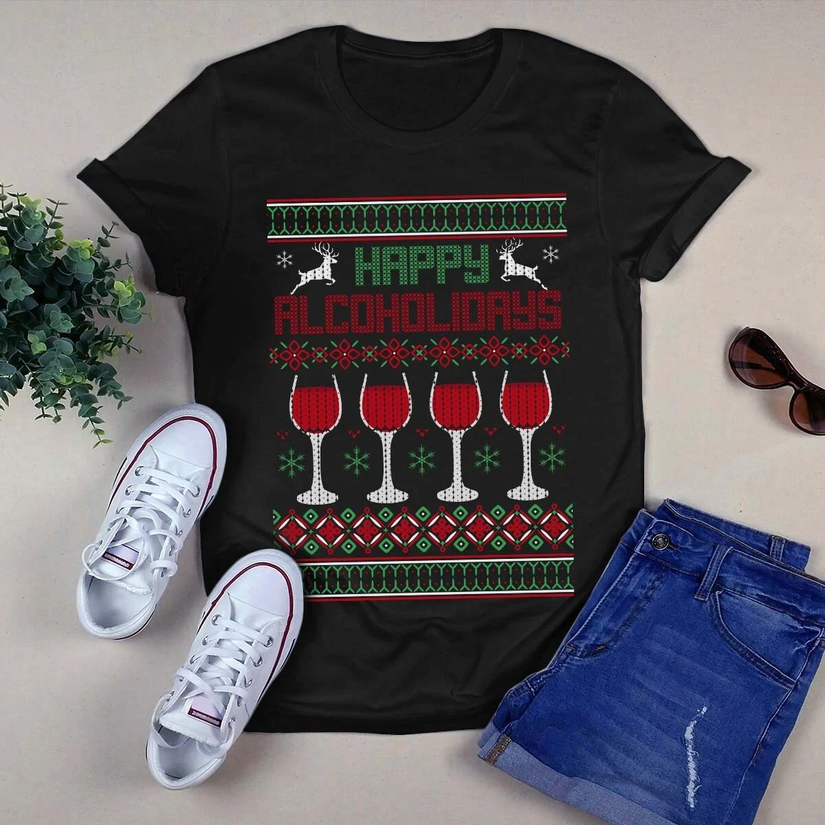 Happy Alcohol Holidays Funny Christmas Wine Festive Humor Unisex T ...