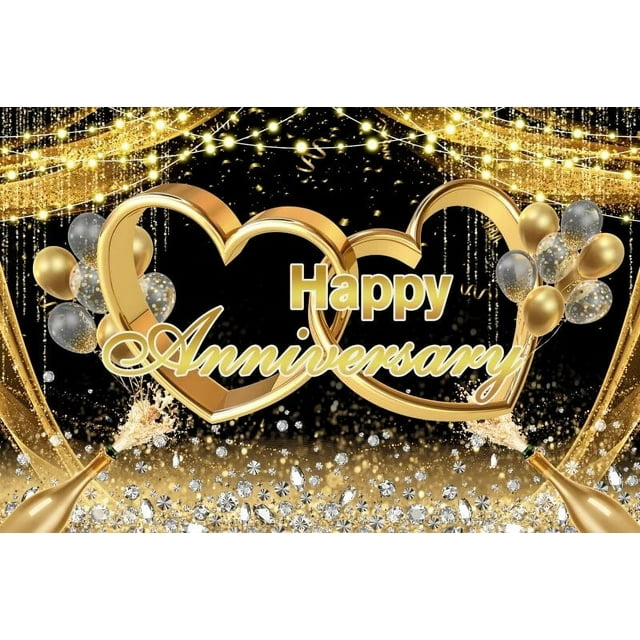 Happy Anniversary Backdrop Black And Gold Theme Party Glitter Heart ...