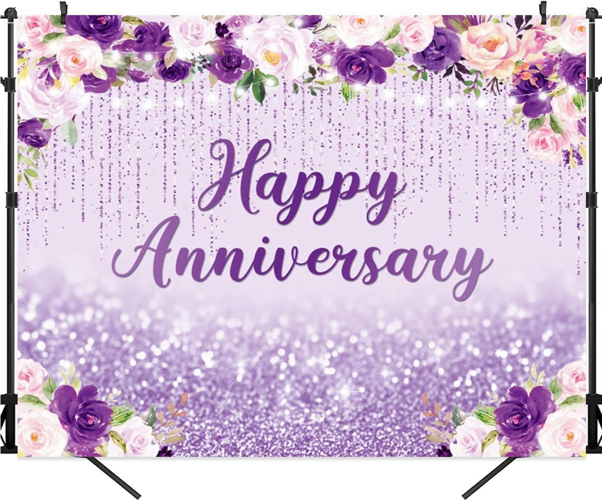 Happy Anniversary Backdrop Floral Glitter Backdrop for Women Wedding ...