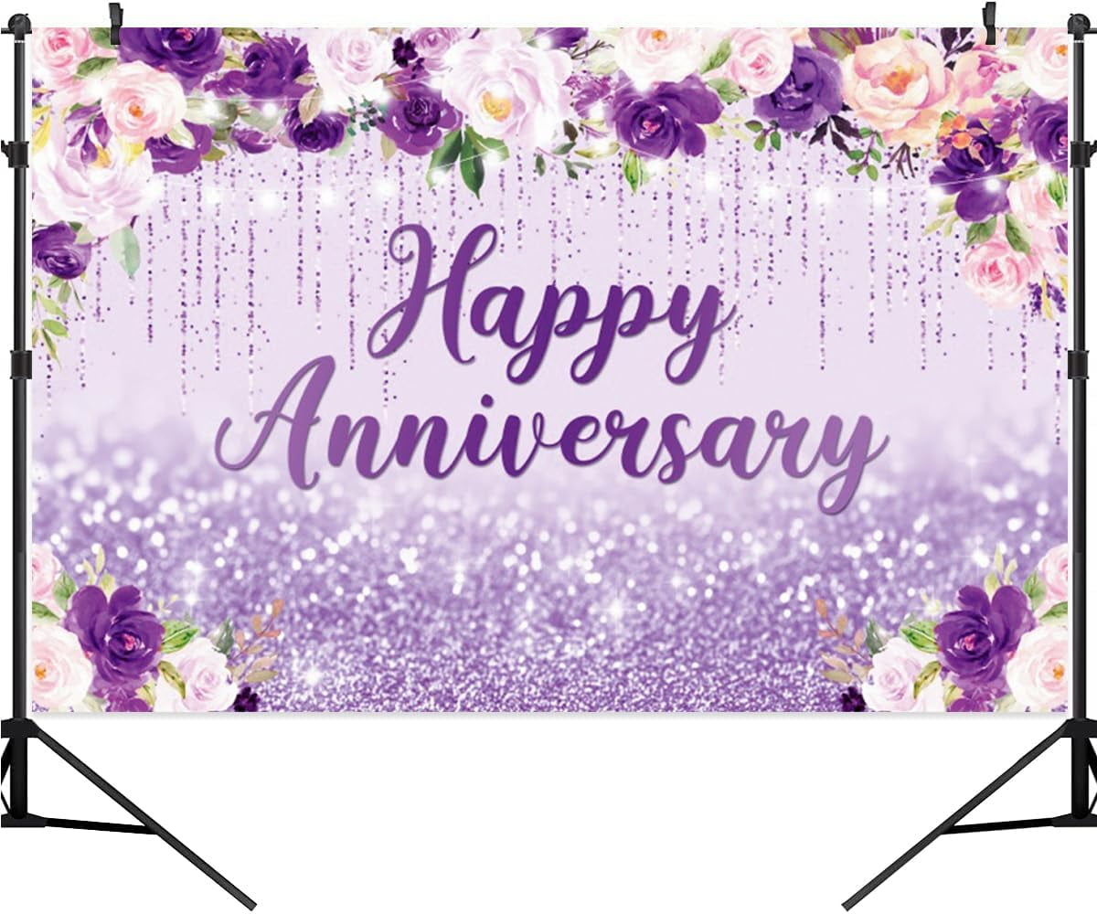 Happy Anniversary Backdrop, Floral Glitter Backdrop for Women Wedding ...