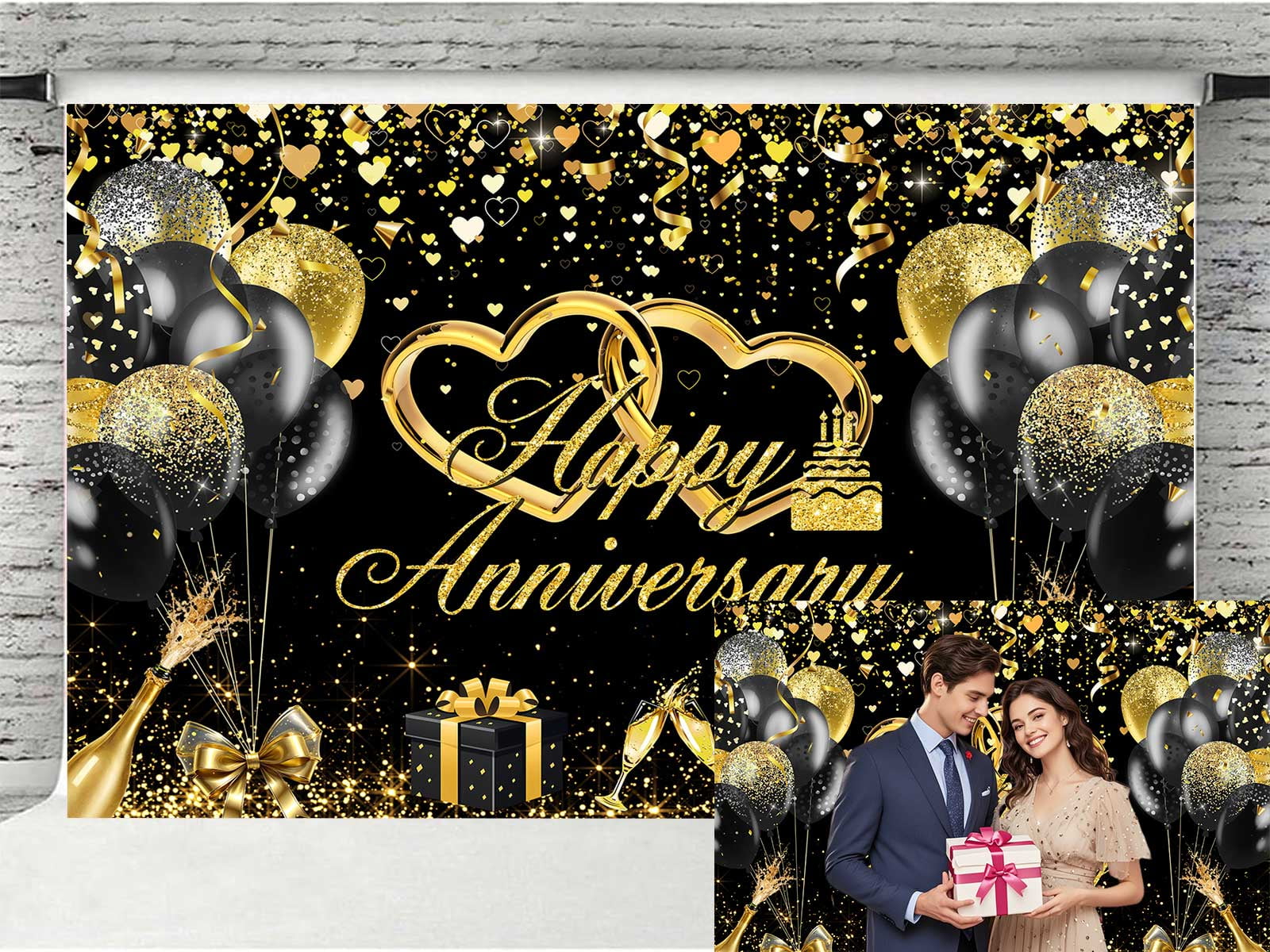 Happy Anniversary Backdrop, Glitter Black and Gold Balloons Wedding ...