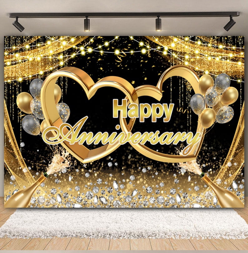 Happy Anniversary Backdrop Gold Balloon Glitter Love Heart Flower Birthday Party Bridal Shower ...