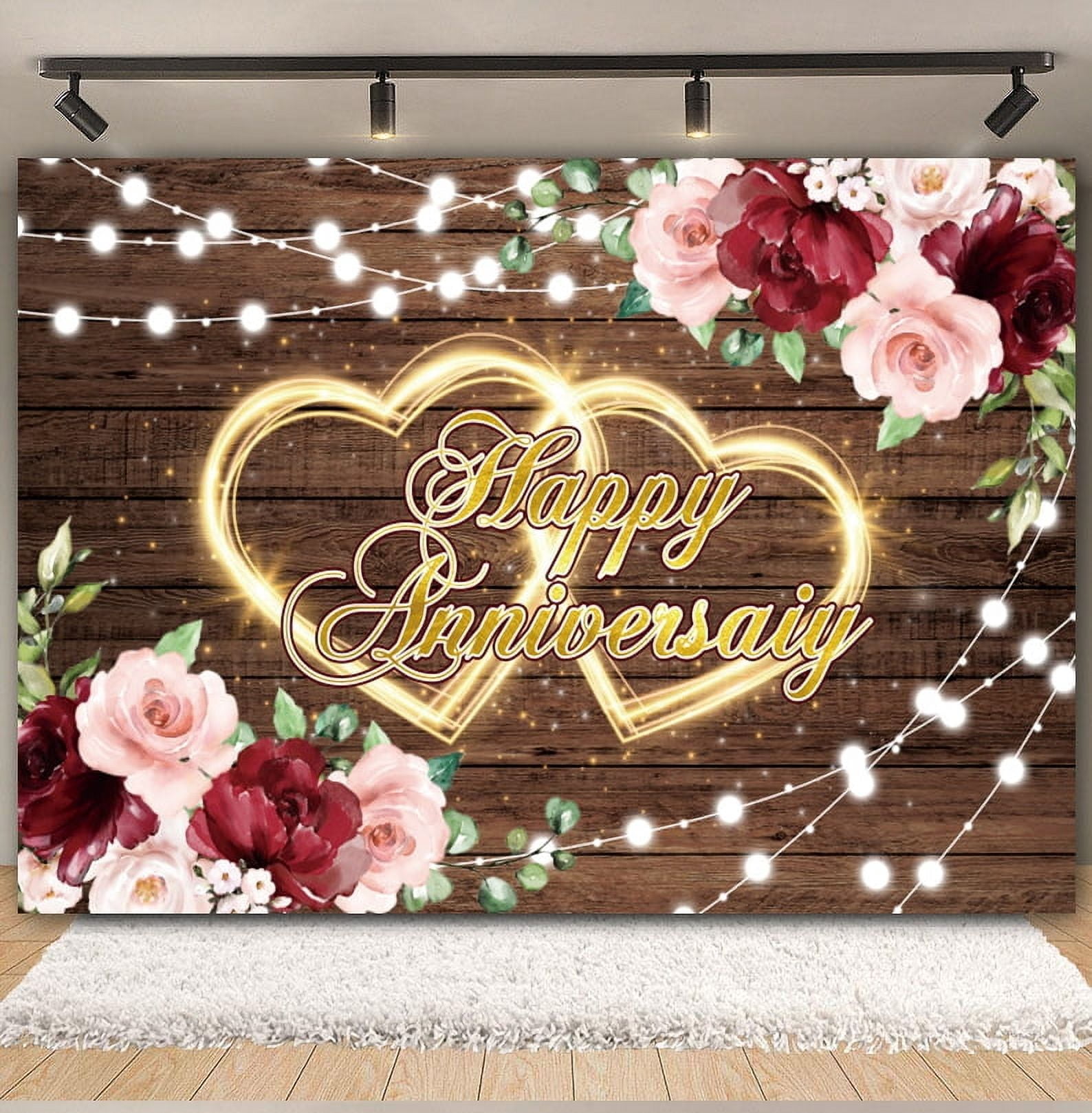 Happy Anniversary Backdrop Gold Balloon Glitter Love Heart Flower ...