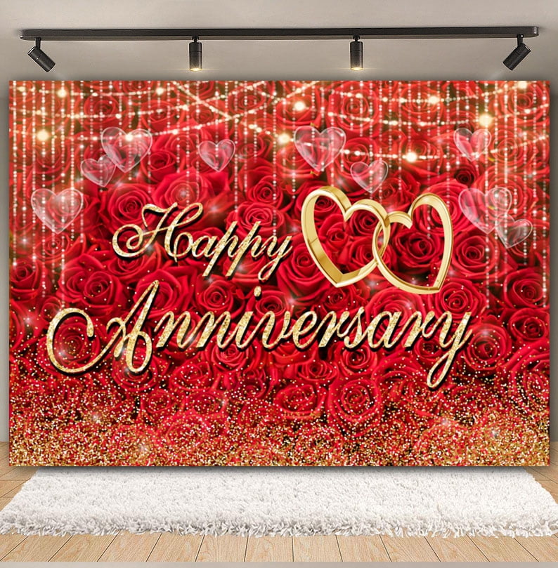 Happy Anniversary Backdrop Gold Balloon Glitter Love Heart Flower ...