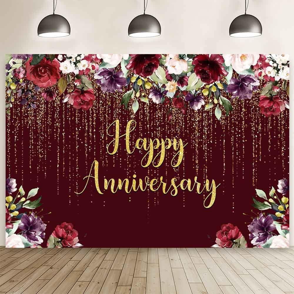 Happy Anniversary Backdrop Gold Glitter Burgundy Wedding Anniversary ...