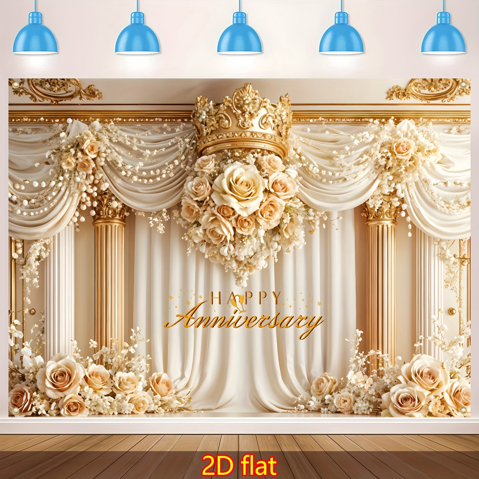 Happy Anniversary Backdrop Gold Royal Column White Curtain Wedding ...