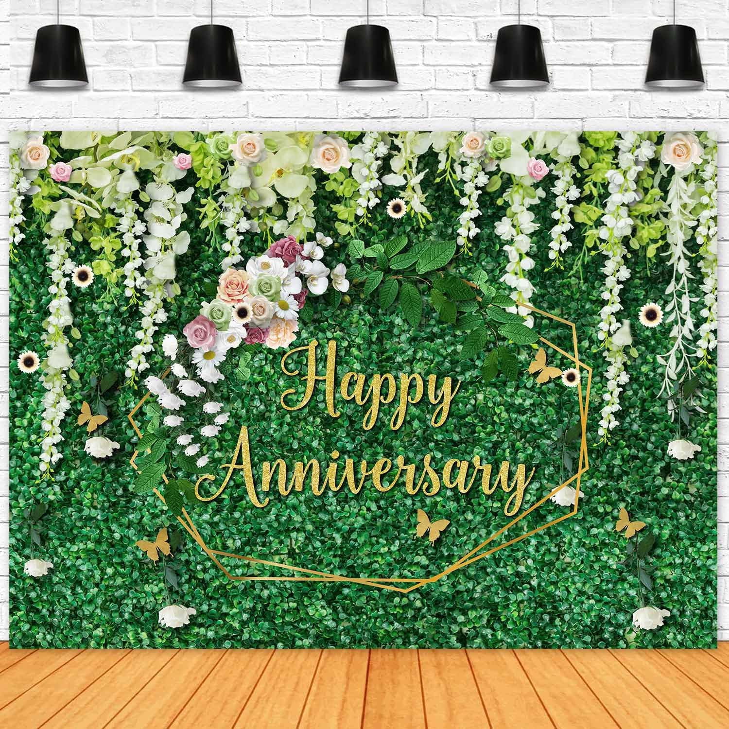 Happy Anniversary Backdrop Green Grass Floral Banner Cheers to Wedding ...