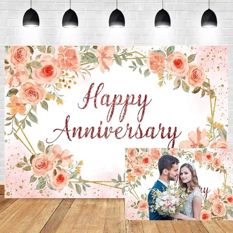 Happy Anniversary Backdrop Watercolor Pink Floral Rose Green Leaves ...