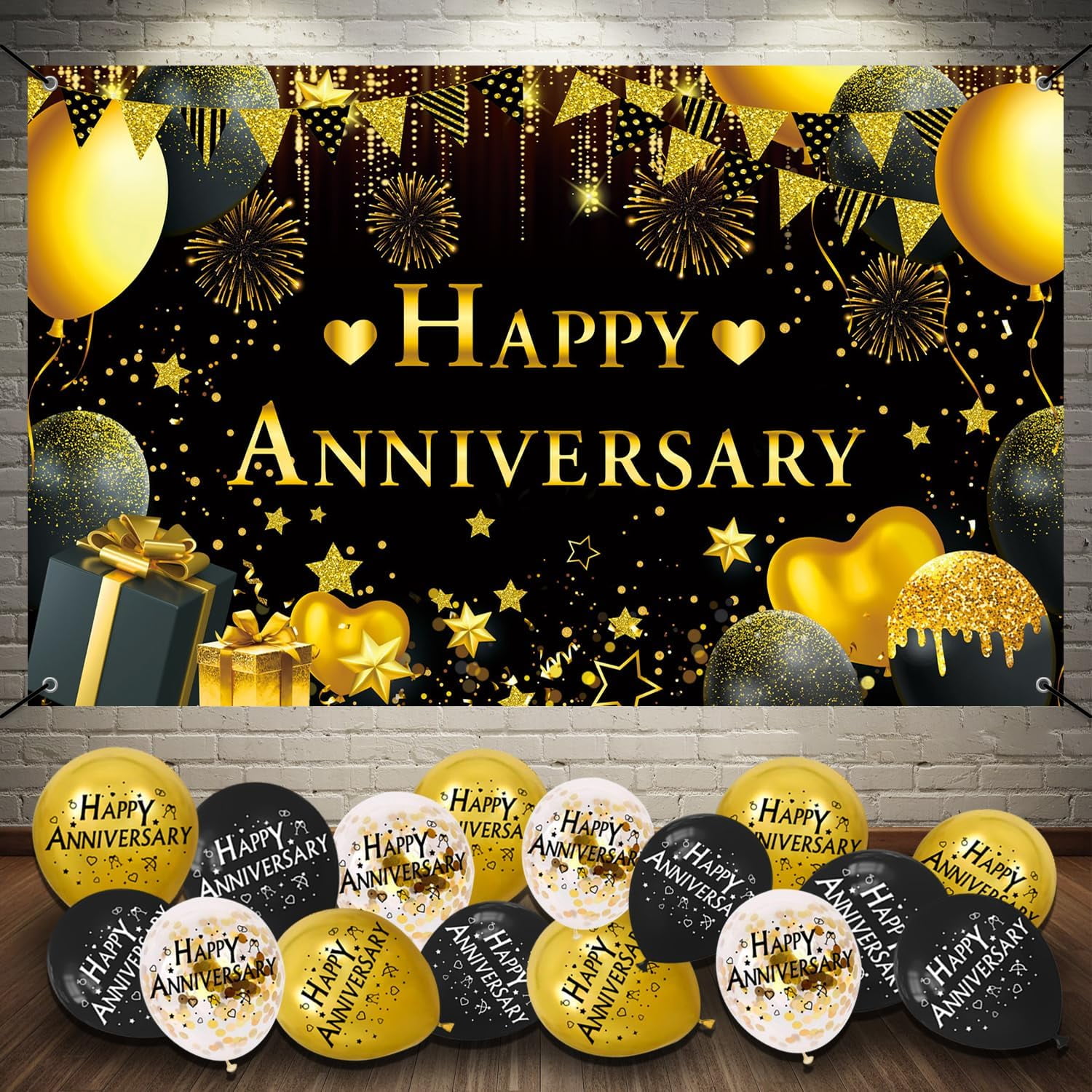 Happy Anniversary Banner Black Gold, Happy Anniversary Decorations for ...