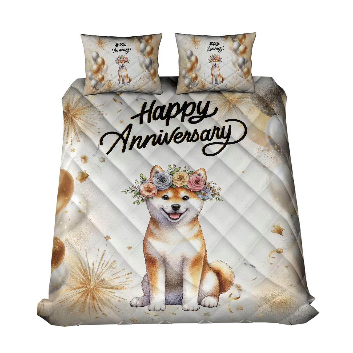Happy Anniversary Shiba Inu Celebrates Wedding Love Family Party Quilt ...