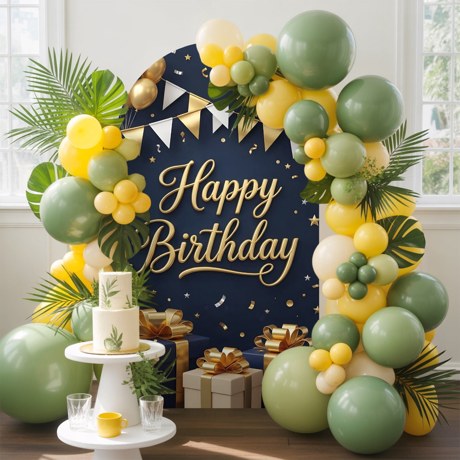 Happy Birthday Arch Backdrop Cover, 5FT, Gold Navy Blue Balloons Gift ...