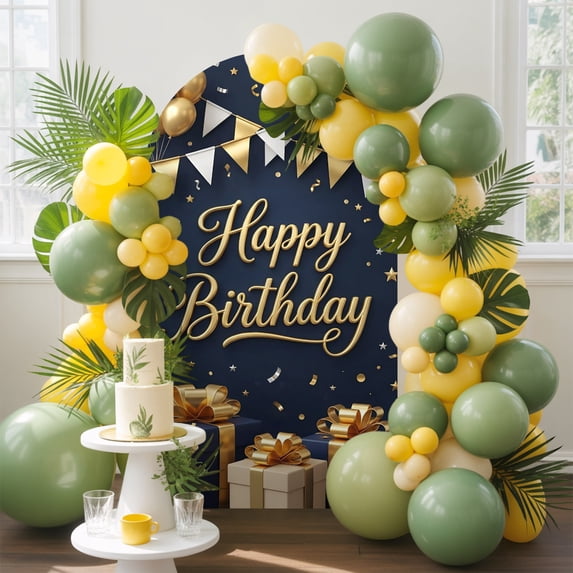 Happy Birthday Arch Backdrop Cover, 6FT, Gold Navy Blue Balloons Gift ...