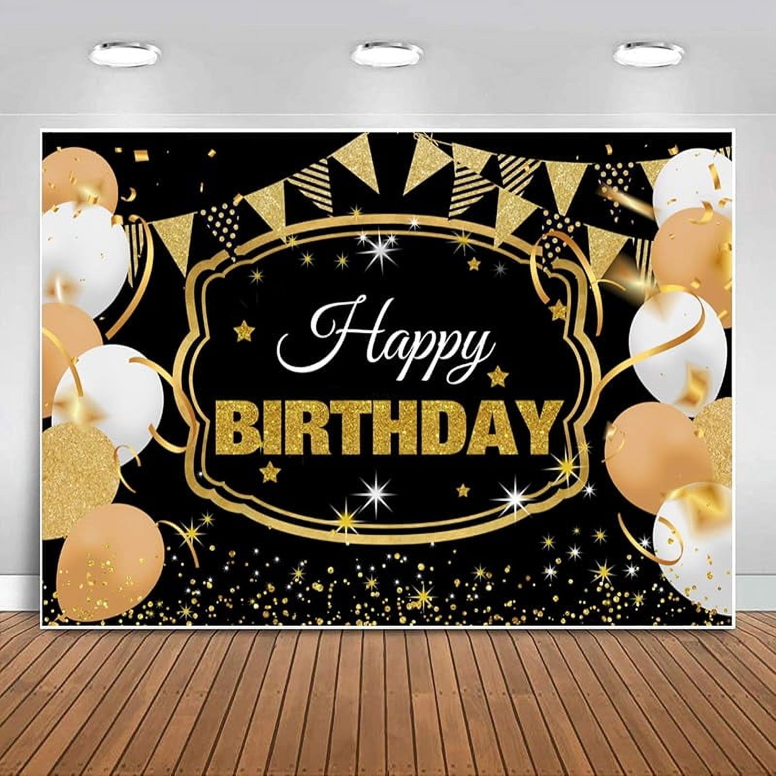 Happy Birthday Backdrop Banner Black and Gold Sign Poster for Men Women ...