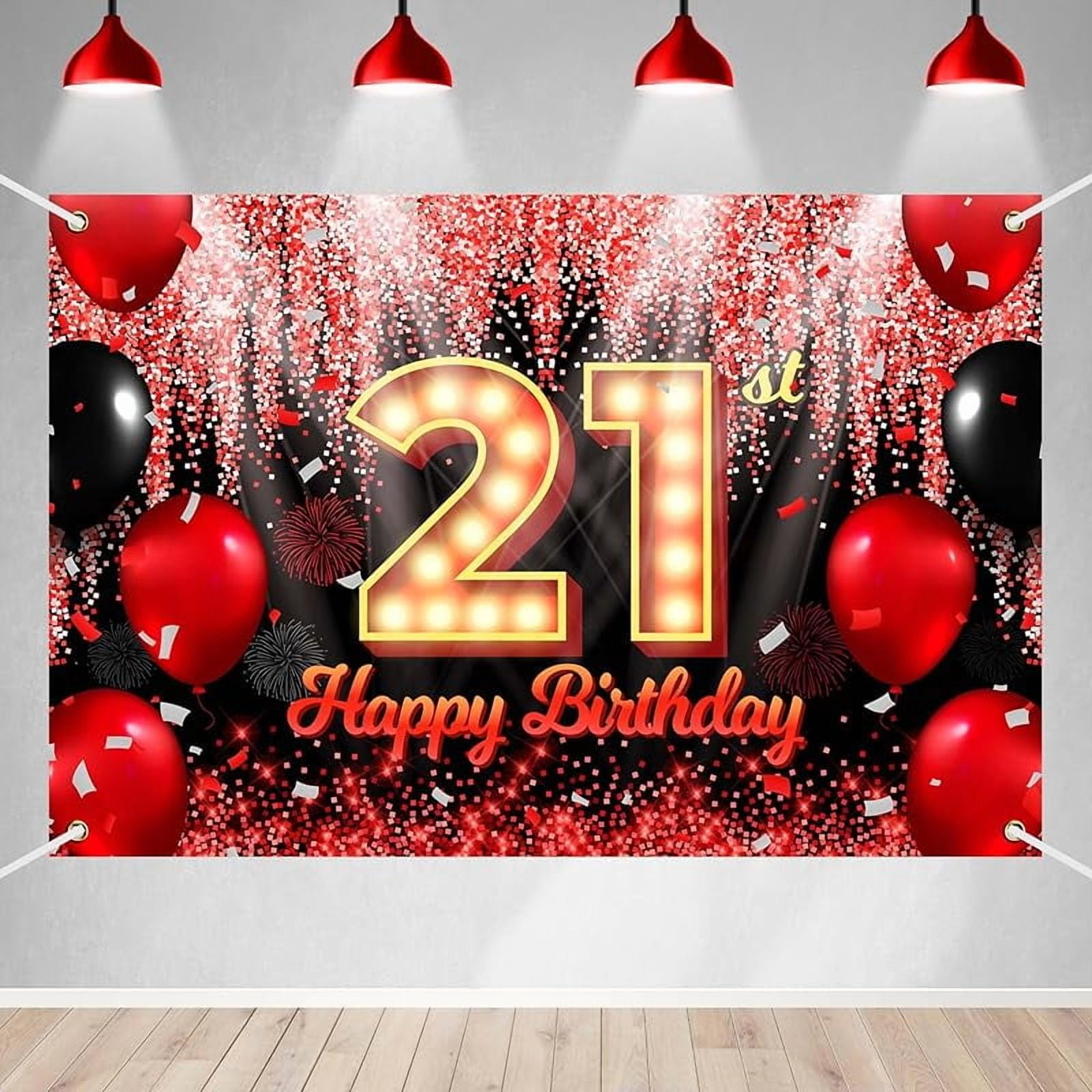 Happy Birthday Backdrop Banner Black and Red Theme Background with Neon ...