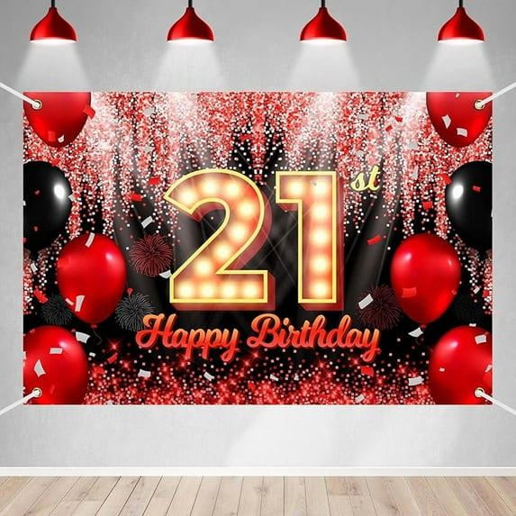 Happy Birthday Backdrop Banner Black and Red Theme Background with Neon ...
