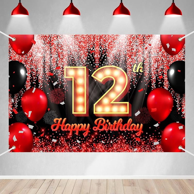 Happy Birthday Backdrop Banner Black and Red Theme Background with Neon ...