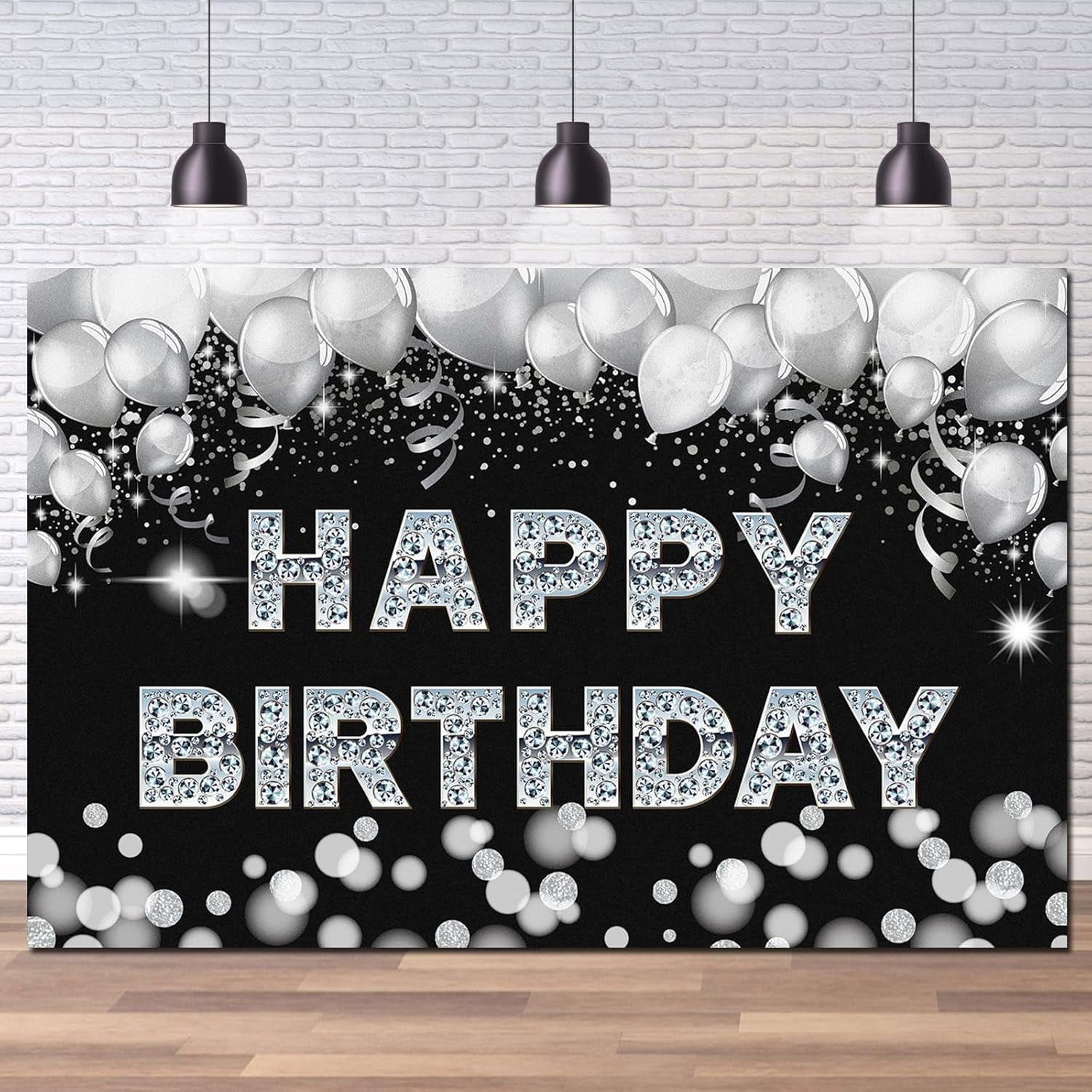 Happy Birthday Backdrop Banner Black and Silver Birthday Banner Poster Sign Children Men Women ...