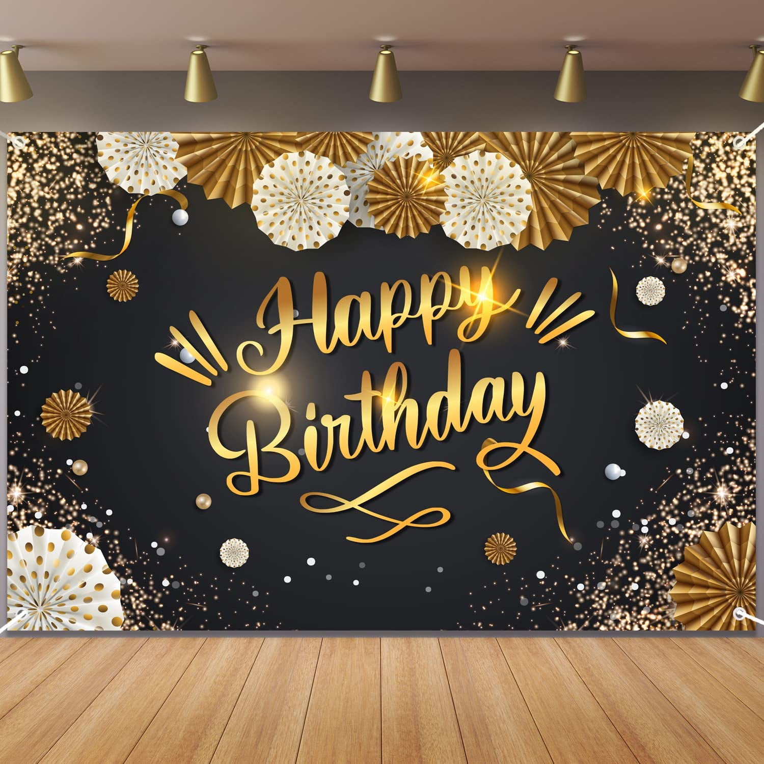 Happy Birthday Backdrop Banner Decorations for Women Men Black and Gold ...