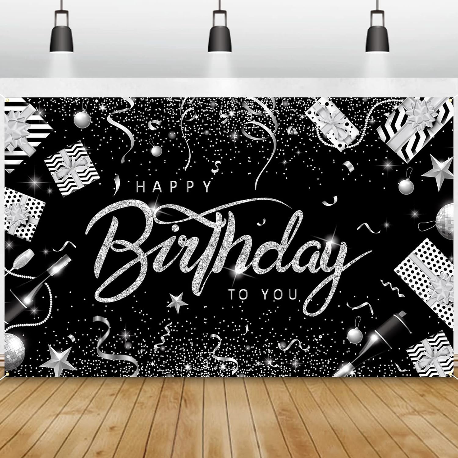 Happy Birthday Backdrop Banner, Silver Black Birthday Banner Party ...