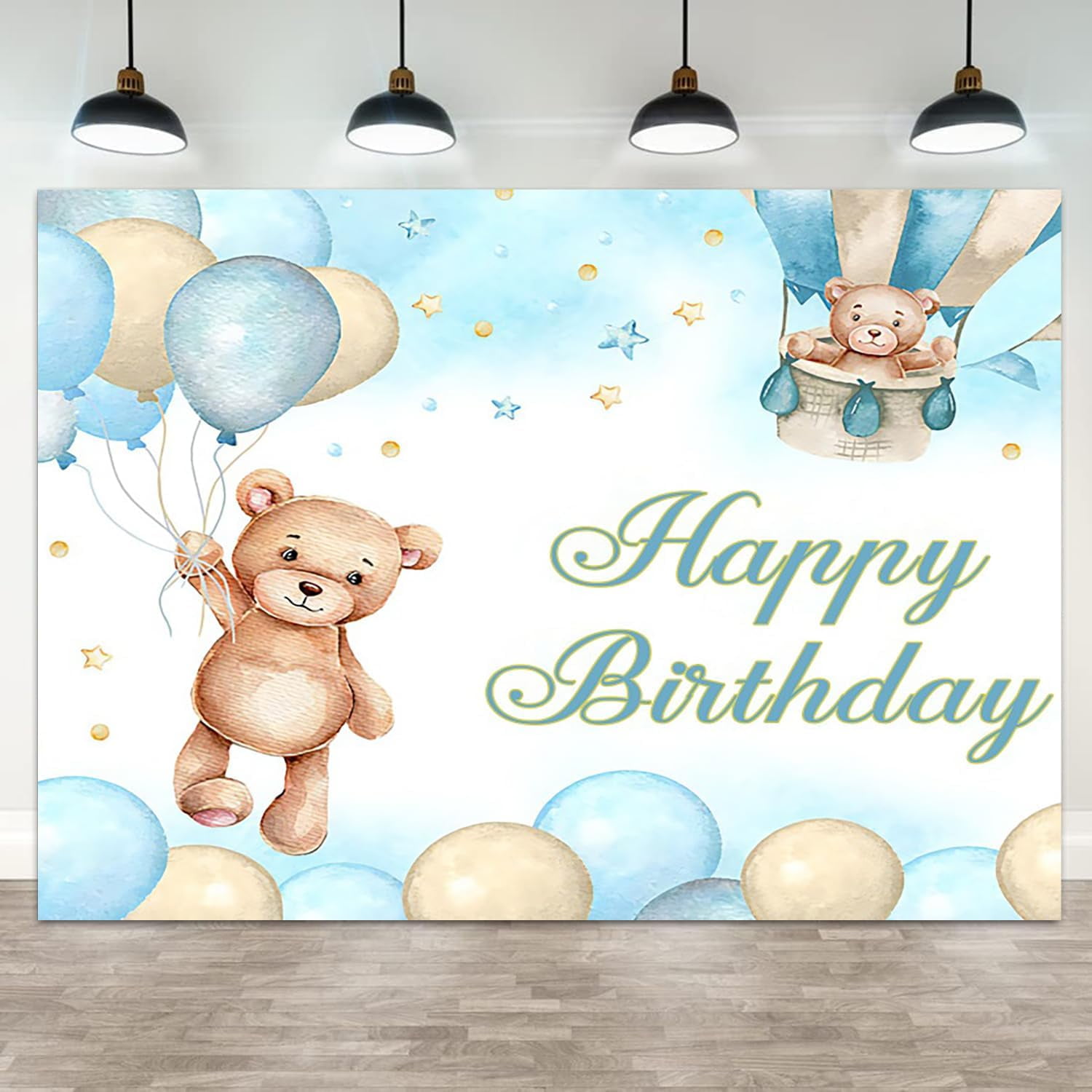 Happy Birthday Backdrop Bear Hot Air Balloon Photography Background ...