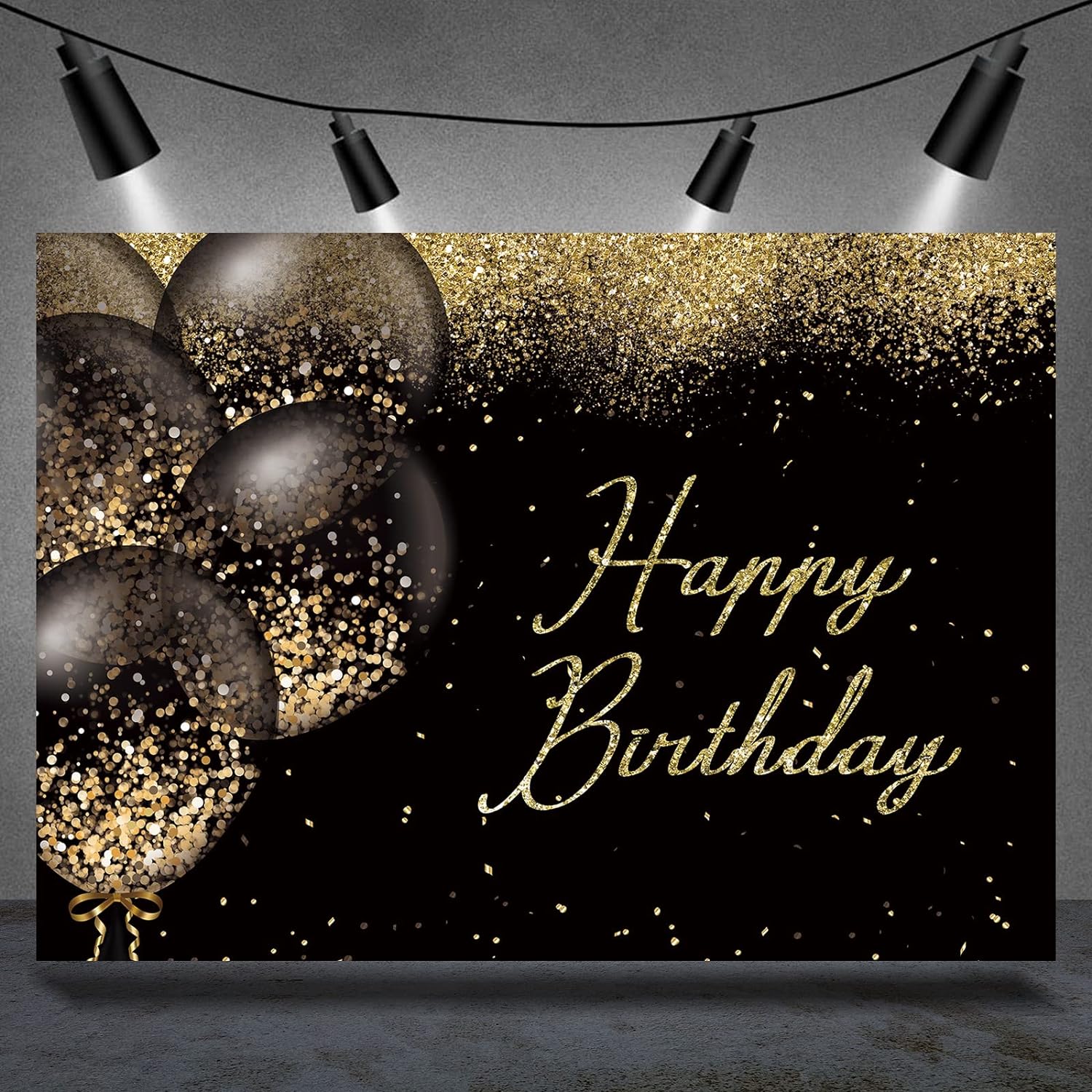 Happy Birthday Backdrop Black and Gold Glitter Bokeh Balloons ...