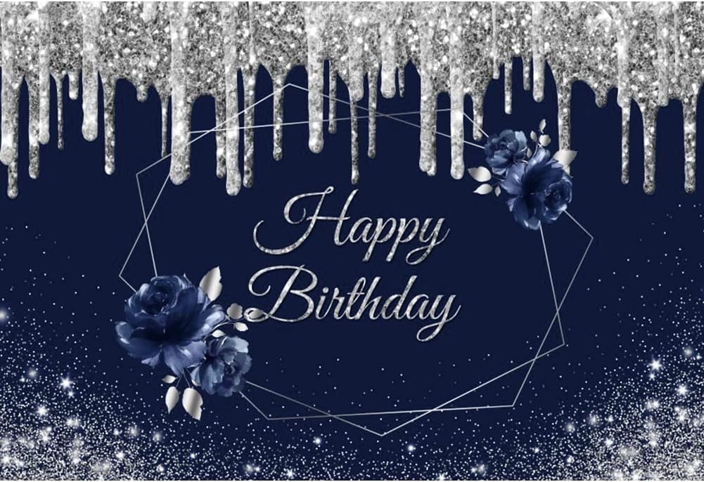 Happy Birthday Backdrop, Blue Flower Silver Sparkling Stars Background ...