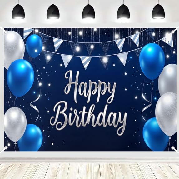 Happy Birthday Backdrop, Blue Silver Balloon with Lights Banner for ...