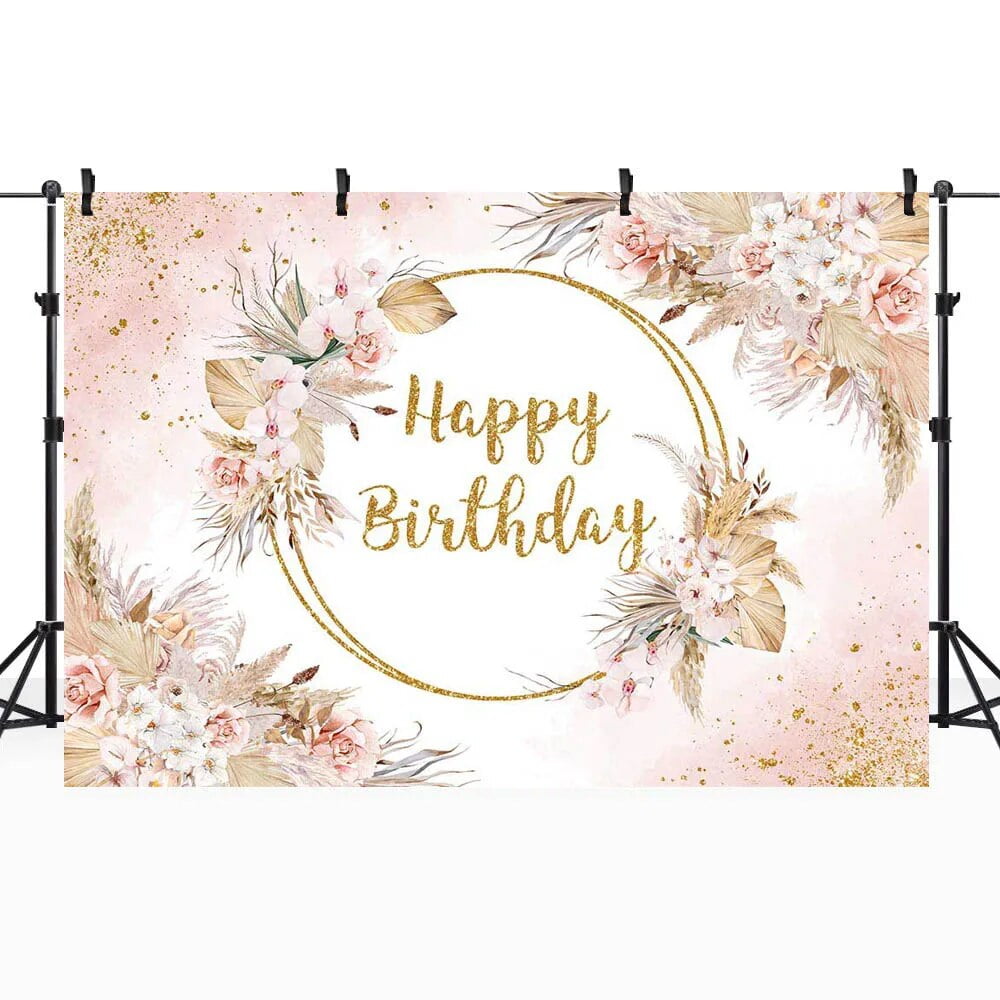 Happy Birthday Backdrop Boho Flowers Pampas Grass Women Girl Birthday ...