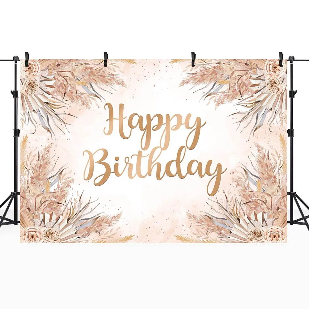 Happy Birthday Backdrop Boho Flowers Pampas Grass Women Girl Birthday ...