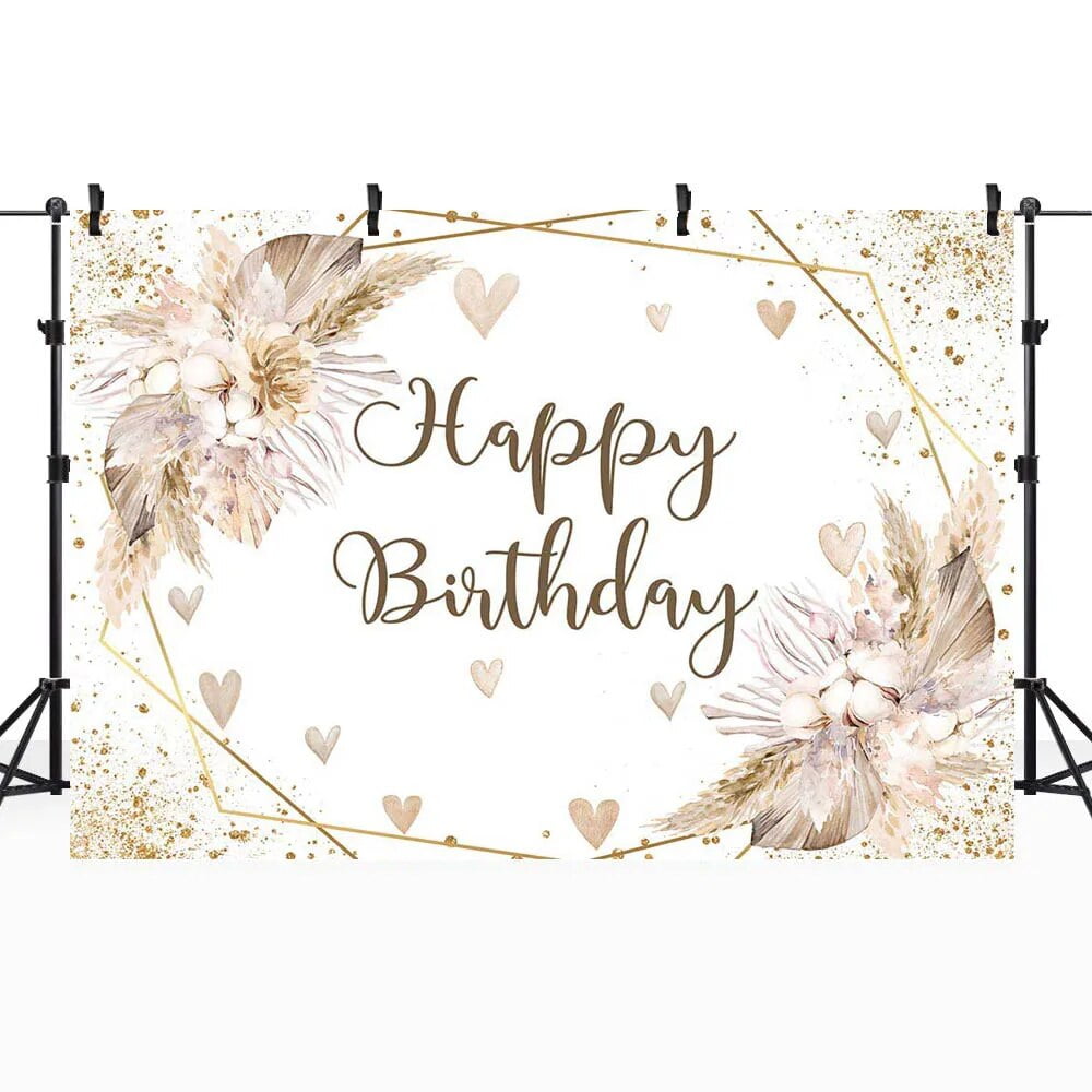 Happy Birthday Backdrop Boho Flowers Pampas Grass Women Girl Birthday ...