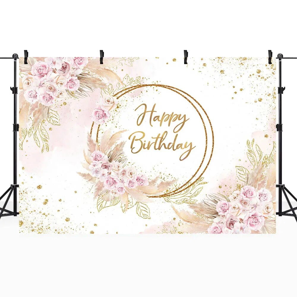 Happy Birthday Backdrop Boho Flowers Pampas Grass Women Girl Birthday ...