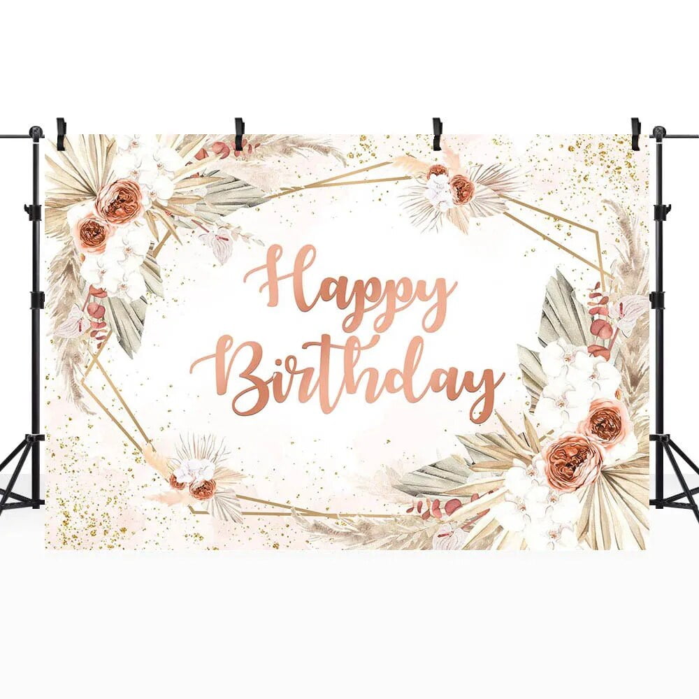 Happy Birthday Backdrop Boho Flowers Pampas Grass Women Girl Birthday ...