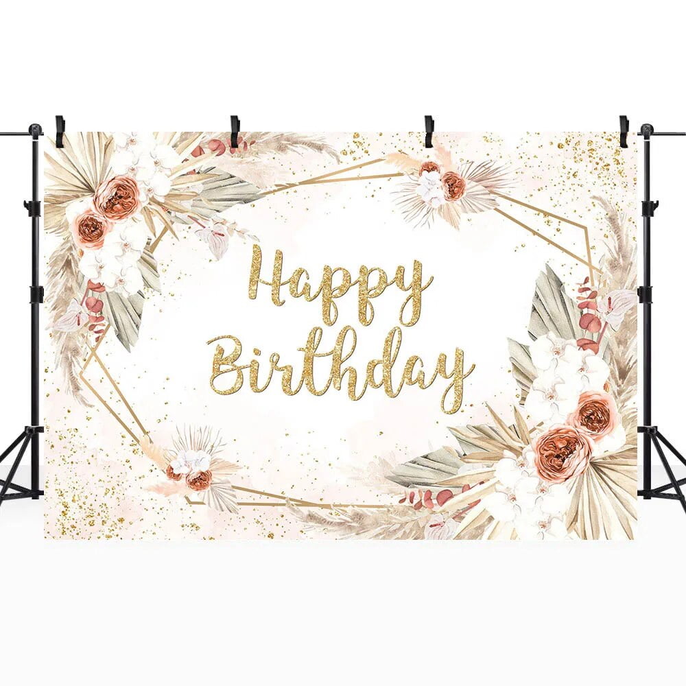 Happy Birthday Backdrop Boho Flowers Pampas Grass Women Girl Birthday ...