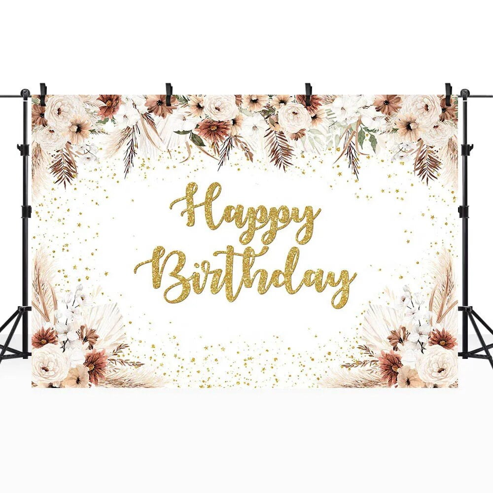 Happy Birthday Backdrop Boho Flowers Pampas Grass Women Girl Birthday ...