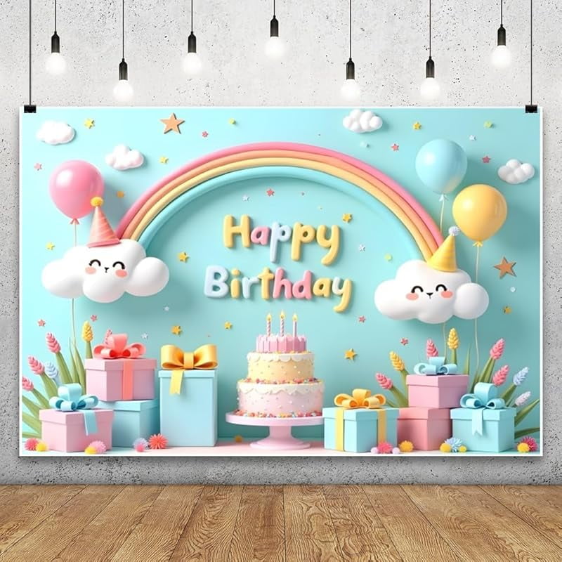 Happy Birthday Backdrop Colorful Balloon Cake Rainbow Decorations ...