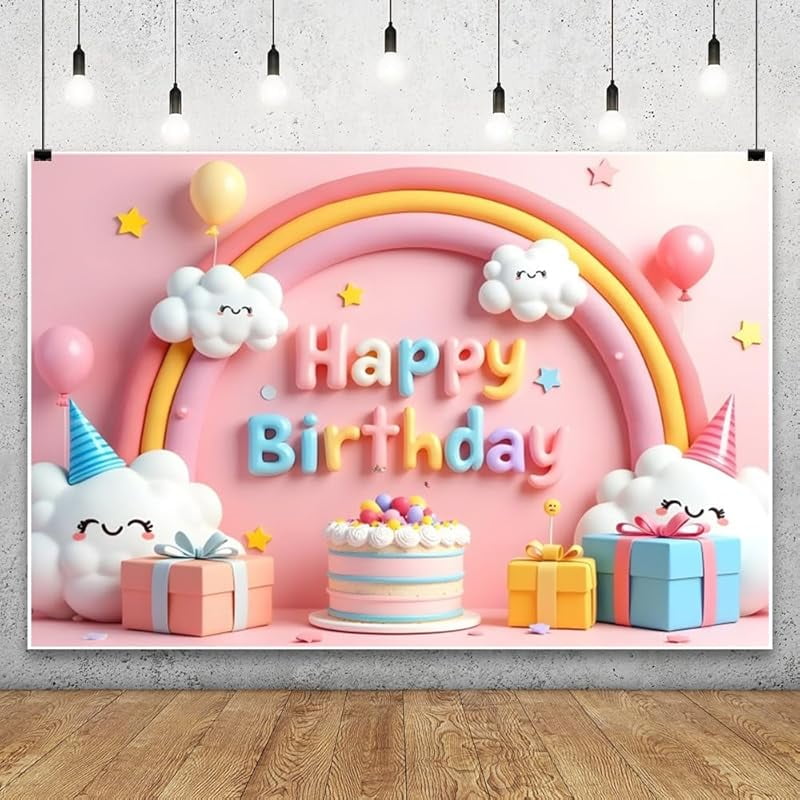 Happy Birthday Backdrop Colorful Balloon Cake Rainbow Decorations ...