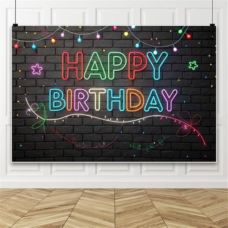 Happy Birthday Backdrop Colorful Neon Brick Wall Stars Glow in The Dark ...
