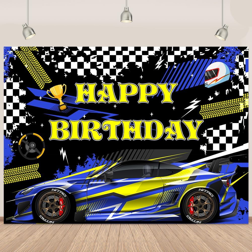 Happy Birthday Backdrop Cool Racing Car Birthday Backdrops Yellow Blue ...