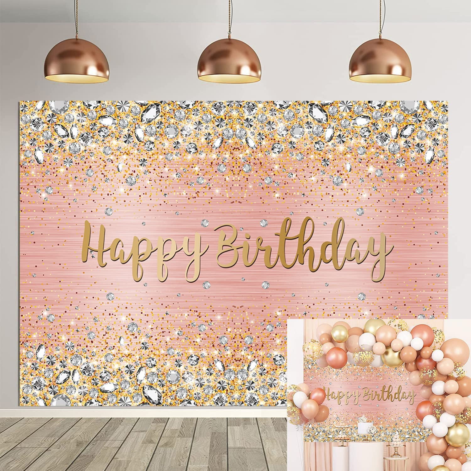 Happy Birthday Backdrop Diamonds Pink and Rose Gold Dot Glitter Sparkle ...