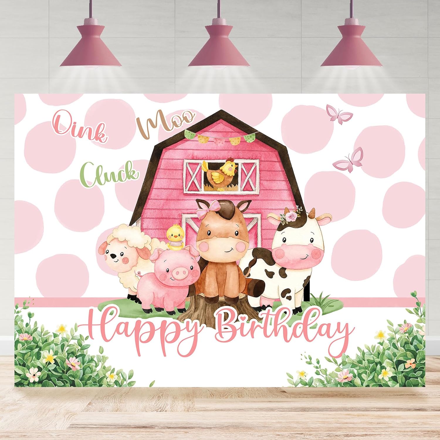 Happy Birthday Backdrop Farm Animals Pink Barn Cartoon Cow Pig ...