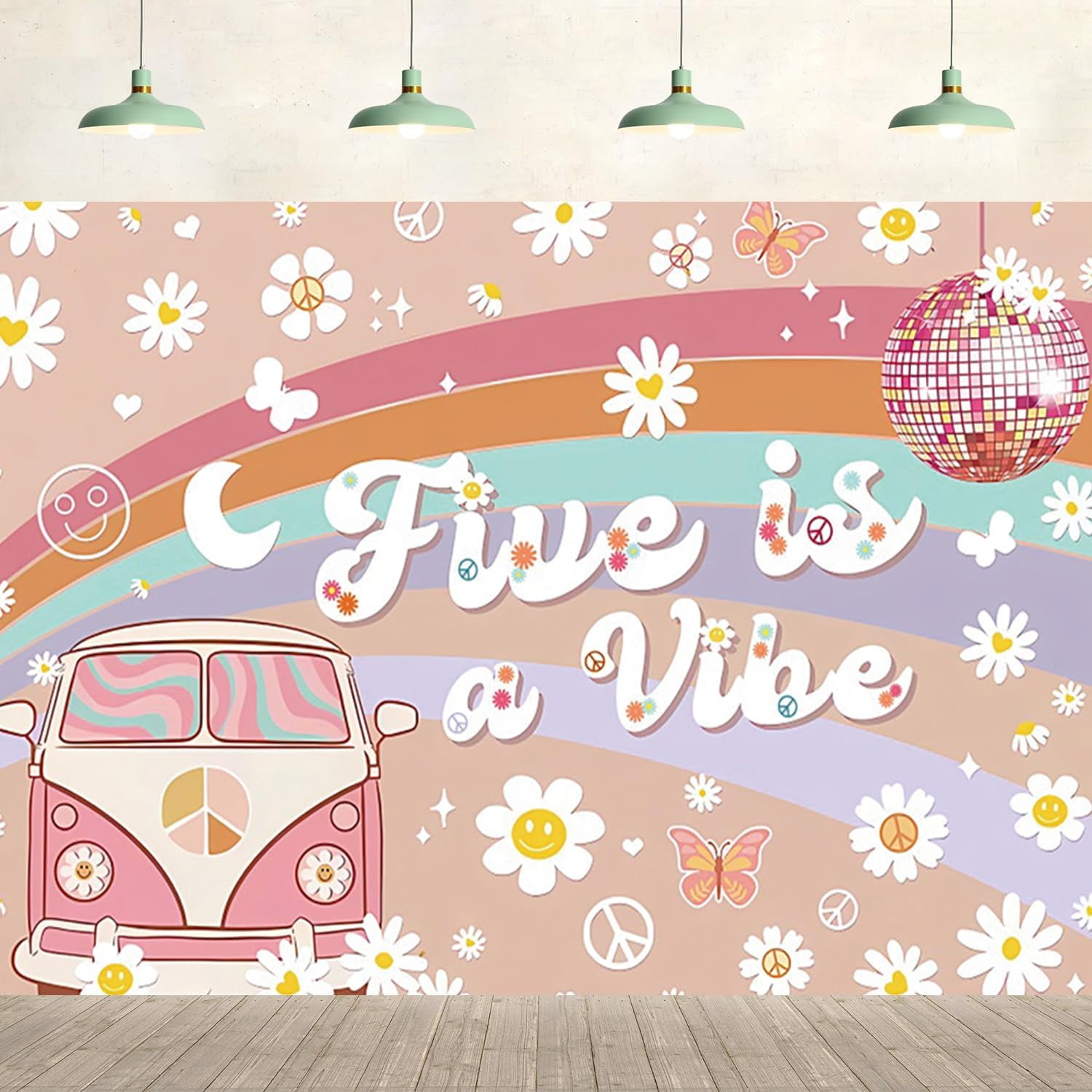 Happy Birthday Backdrop Five is a Vibe Groovy Rainbow Daisy Flowers ...