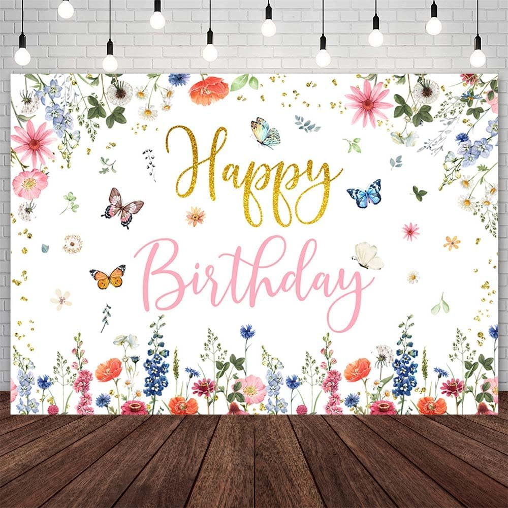 Happy Birthday Backdrop for Girls Spring Wildflower Butterfly Birthday ...