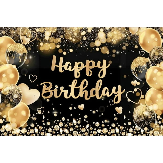Happy Birthday Backdrop Glitter Black Gold Bokeh Balloons Sparkle Spots Heart Women Girl ...
