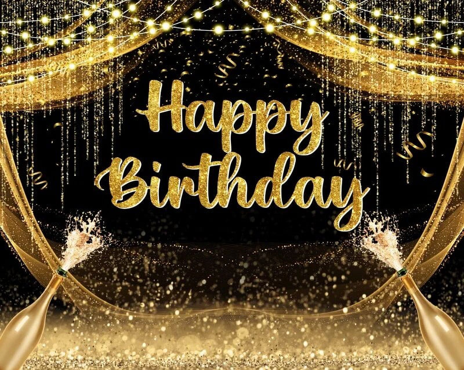 Happy Birthday Backdrop Glitter Black Gold Bokeh Balloons Sparkle Spots ...