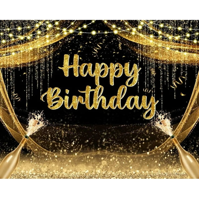 Happy Birthday Backdrop Glitter Black Gold Bokeh Balloons Sparkle Spots Heart Women Girl ...